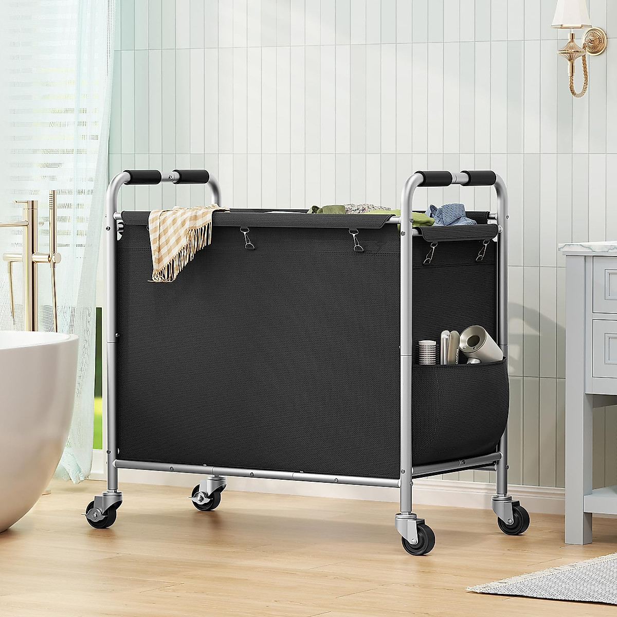 FIONESO Laundry Basket with Wheels, Rolling Laundry Sorter Cart with Side pockets, 79.3GAL(300L) Heavy Duty Laundry hamper with Removable Bag, Commercial Laundry Cart for Laundry, Bedroom, Black
