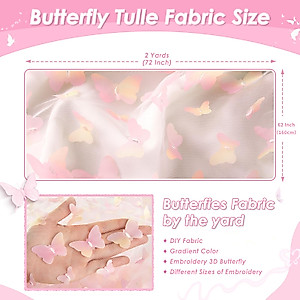 Rainbow Pink Tulle Fabric Rolls: 2 Yards 3D Butterfly Embroidery Fabric - DIY Cloth for Birthday Party Decorations Wedding Bridal Shower Baby Shower