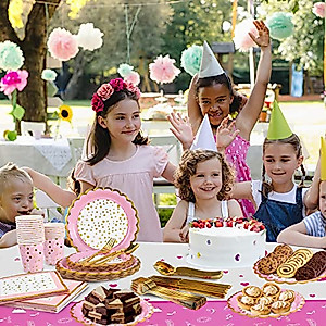 Pink and Gold Disposable Party Dinnerware Set, 20 Guest -141PCS with Paper Plates, Napkins, 9oz Cups, Plastic Silverware(Forks, Knives, Spoon), and Tablecloths, Party Supplies for Birthday Decoration