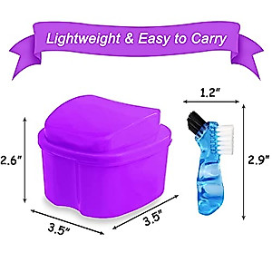 Colorful Denture Bath Case with Brush, Denture Cup Soaking Holder False Teeth Container Mouth Guard Storage Case Cleaning with Lid Waterproof - Purple