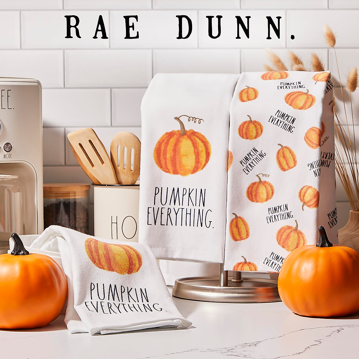 Rae Dunn Set of Hand Towels for Kitchen and Bathroom, 100% Cotton, Embroidered Dish Towels, Decorative Hand Towels, Pumpkin Everything, 3 Pack