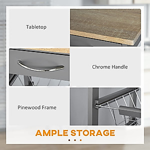 HOMCOM Mobile Kitchen Cart, Rolling Kitchen Island with Storage, Solid Wood Frame Utility Cart with Wire Fruit Baskets and Drawer, Gray