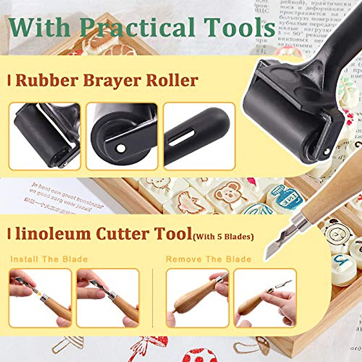 Keadic 12Pcs Soft Rubber Carving Blocks Kit, Comes with Linoleum Cutter Tools & 2 Inches Rubber Roller Brayer Rollers Glue Roller for Ink Paint Block Stamping, Printmaking Wallpaper and Arts & Crafts