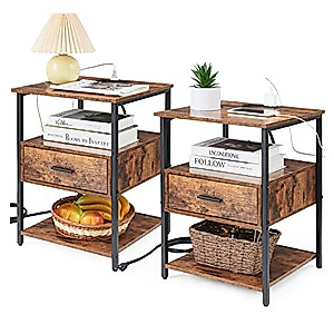 Anrigeail Nightstand Set of 2 with Charging Station, Bedside Tables with Storage Shelf & Drawer, End Table with 2 USB Ports and 2 Outlets, Night Stand for Bedroom, Living Room, Brown