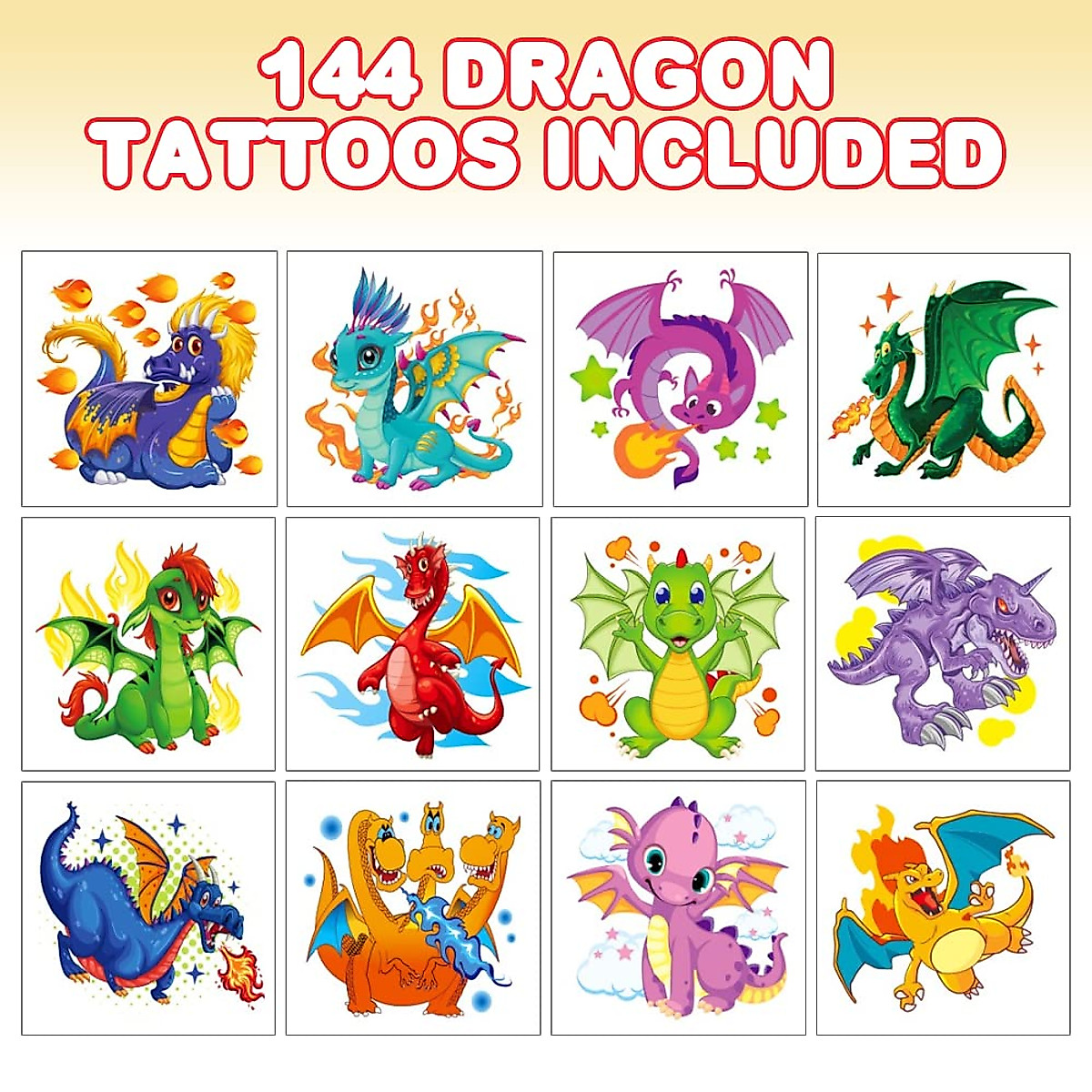 ArtCreativity Dragon Temporary Tattoos for Kids - Bulk Pack of 144 Tattoos in Assorted Designs, Non-Toxic 2 Inch Tats, Birthday Party Favors, Goodie Bag Fillers, Non-Candy Halloween Treats