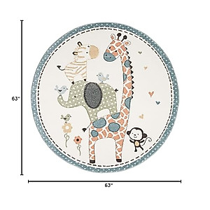 SAFAVIEH Carousel Kids Collection Area Rug - 5'3" Round, Ivory, Animal Design, Non-Shedding & Easy Care, Ideal for High Traffic Areas for Boys & Girls in Playroom, Nursery, Bedroom (CRK120A)