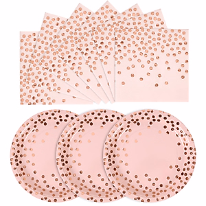 CENLBJ Pink and Rose Gold Paper Plates- 100 Pack- 50 x 7 Dinner Plates & 50 x 6.5 Napkins, Pink Paper Plates and Napkins Party Supplies for Baby Showers, Birthdays and All Occasions