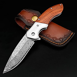 KOMWERO Damascus Pocket Knife, Sharp Damascus Steel Knife with Core VG10 Steel Blade Wood Handle, Folding Knife with Clip for Men Hunting, 60 HRC, Blade Length 3.34"