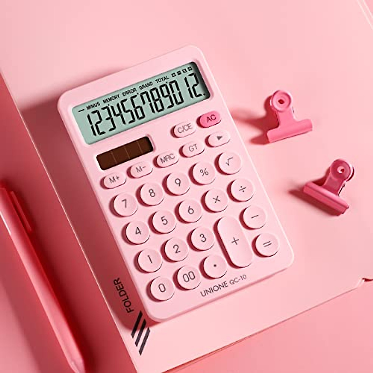UNIONE Pink Calculator with a Bright LCD, Dual Power Handheld Desktop. Color. Business, Office, High School (4×6.6in)