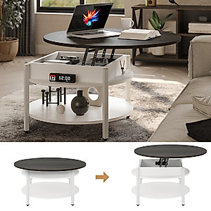 FABATO Round Lift Top Coffee Table with Storage and Hidden Compartment, 26.77'' Farmhouse Coffee Table for Living Room Reception Room, 2 Tier Small Round Coffee Table Circle Dining Table, White