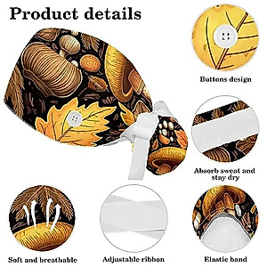 Thanksgiving Acorn Working Cap with Button Sweatband Adjustable Tie Back Bouffant Hats with Scrunchie
