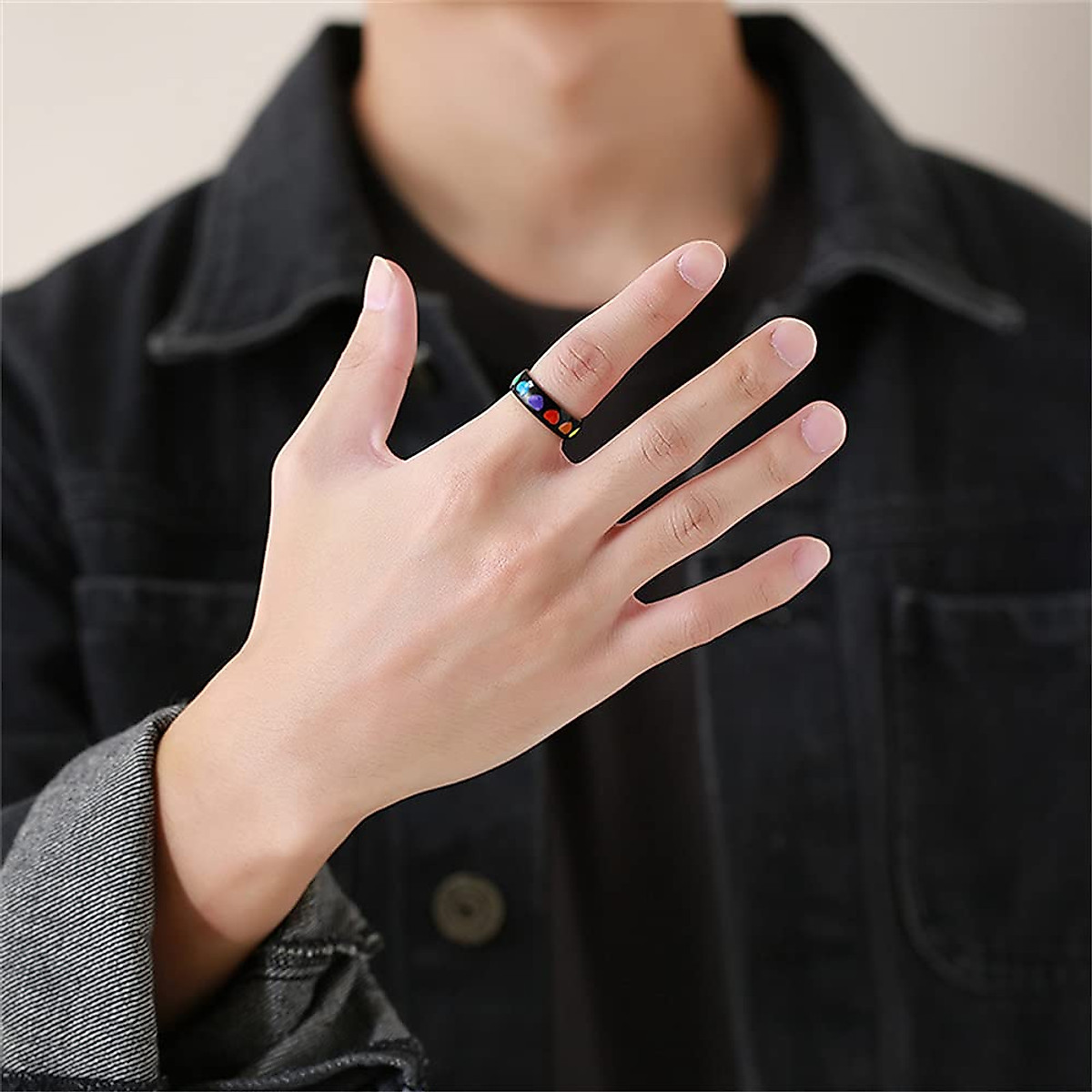 Dainty Love Heart Rainbow Enameled LGBT Pride Band Rings Chuky Thick Stainless Steel Statement Promise Engagement Eternity Couple Rings Love is Love Finger Knuckle Rings Boyfriend Girlfriend Wedding