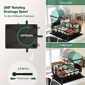 Qienrrae Dish Drying Rack for Kitchen Counter, 2 Tier Dish Racks with Drainboard Set, Detachable Large Dish Drainer with Utensils Holder, Large Dish Strainers with Extra Drying Mat, Black