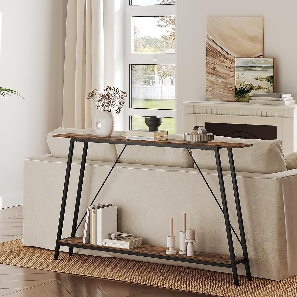 YATINEY 55" Console Table, Narrow Long Entryway Table, Industrial Skinny Sofa Tables, 2-Layer Hallway Table for Entryway, Display Table Behind Couch, Rustic Brown and Black CT14BR