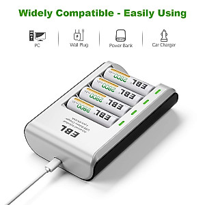 EBL AAA Rechargeable Batteries 1100 mAh (8 Packs) with Smart C807 Battery Charger and Micro USB Charging Cable