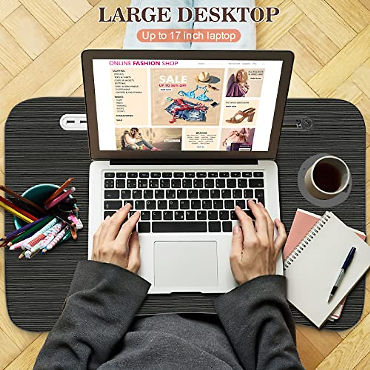 Zapuno Laptop Lap Desk, Foldable Laptop Table Tray with 4 USB Ports Storage Drawer and Cup Holder, Laptop Bed Desk Laptop Stand for Bed Lap Tray Portable Standing Table for Bed Couch Floor
