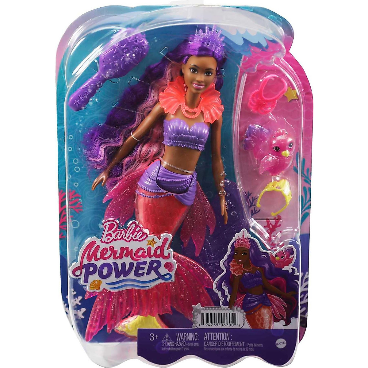 Barbie Mermaid Power Doll Set, Barbie "Brooklyn" Fashion Doll with Phoenix Pet & Accessories, Mermaid Toy with Interchangeable Fins