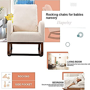 Rocking Accent Armchair with Side Pocket, Upholstered Mid-Century Nursery Chair for Kids with High Backrest Fabric Rocker for Home Living Room Office, Rubber Wood Legs(Coffee Color)