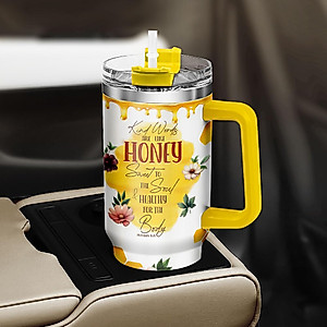 99WHALE Bee Gifts, Cute Queen Bee, Tumbler 40 Oz With Handle Lid And Straw, Yellow Keep Drinks Cold Hot, Yellow Handle Floral For Tumblers Cups Coffee Sunflower Flower Women