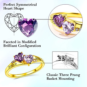 Custom4U Personalized Engagement Ring with 2 Heart Shaped Birthstones, 18K Gold Plated 925 Sterling Silver Finger Ring for Couple Customized Gift for Valentine's Day