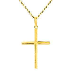 Jewelry America High Polished 14K Yellow Gold Plain Slender Cross Pendant with Chain Necklace, 16"