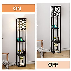 Tangkula Floor Lamp with Shelves and Drawer, Modern Shelf Floor Lamp with 1 Power Outlet and 2 USB Ports, Standing Floor Lamp for Living Room and Bedroom, Black (Carved)