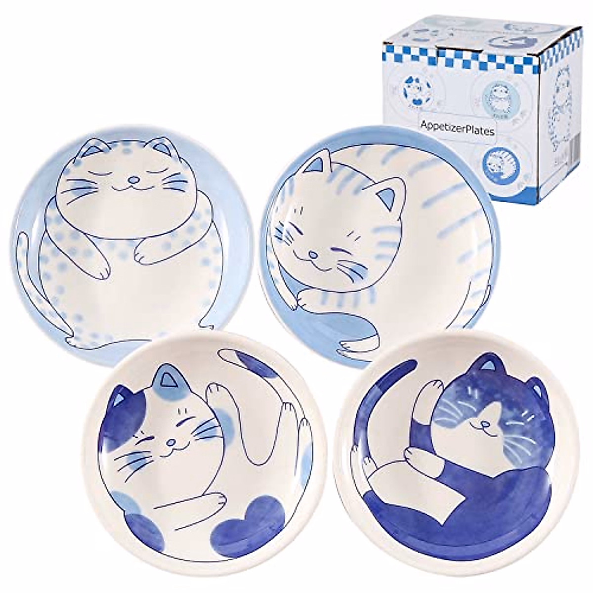 HAKONE YOSEGI Japanese Small Plate Set Ceramic Cute Cats Design Appetizer Dessert Sushi Sauce 3.94 x 0.8 Inches Set of 4