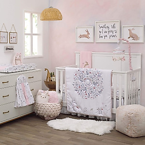 NoJo Woodland Wreath Pink, White, Blue Floral 4 Piece Nursery Crib Bedding Set- Comforter, 100% Cotton Crib Sheet, Dust Ruffle, Diaper Stacker