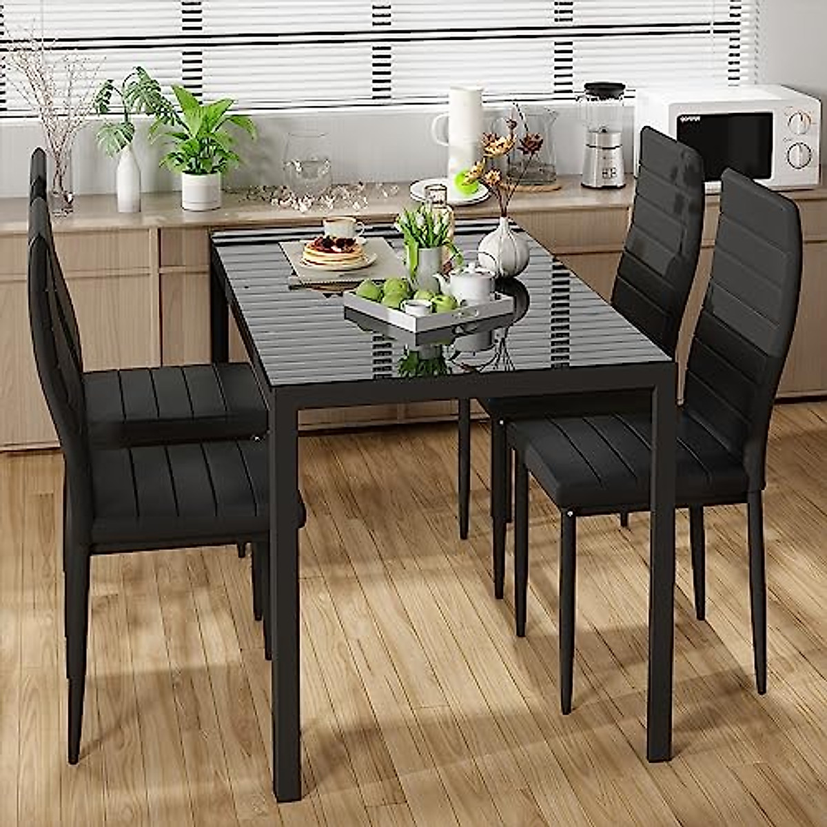 Recaceik Dining Table Set for 4, Kitchen Table and Chairs for 4, Glass Dining Room Table Set with 4 PU Leather Upholstered Chairs Modern Small Dinner Table Set Breakfast Table for Home, Black