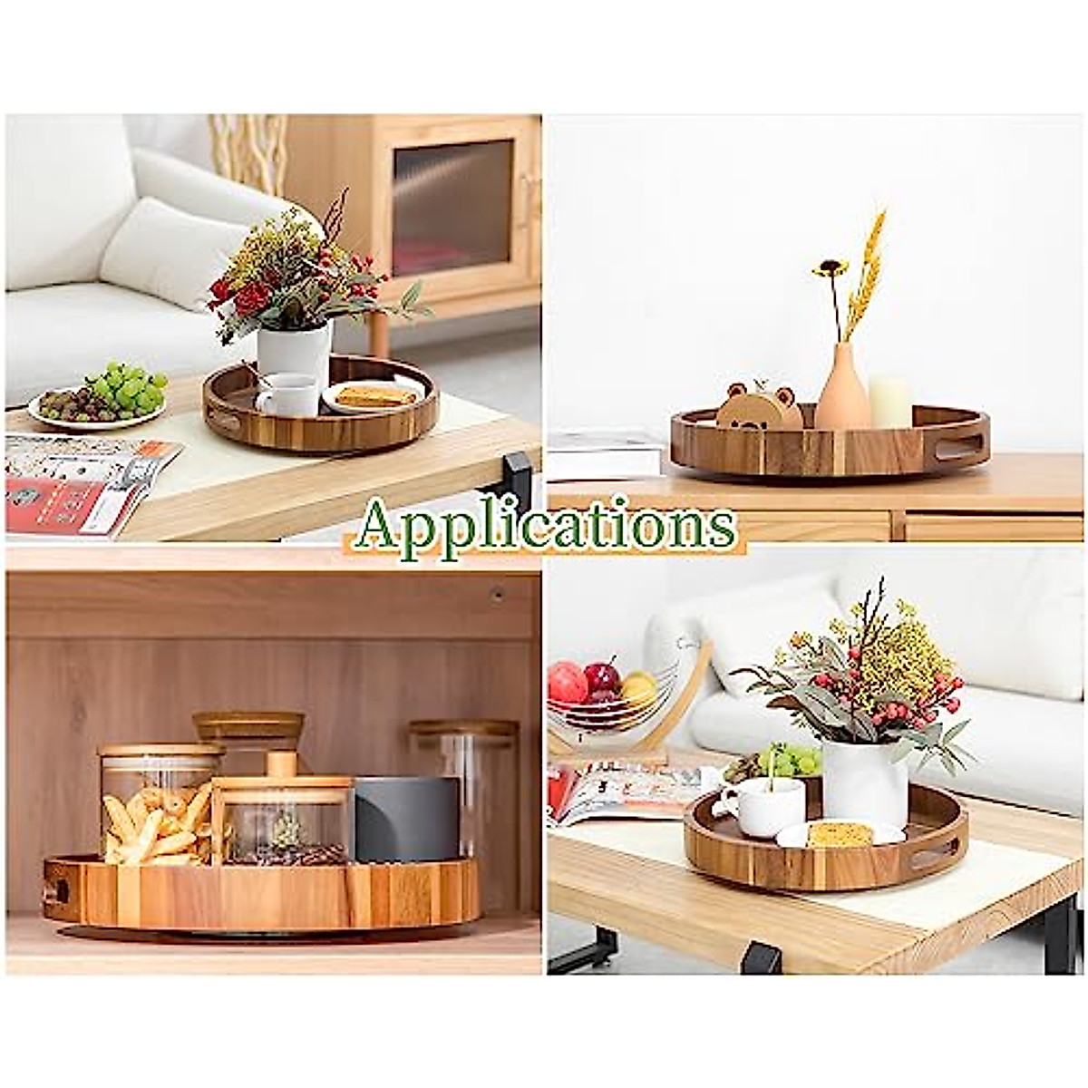 Lazy Susan Wooden Round Tray with Built-in Handles, Farmhouse Wood Serving Tray with Rotating System, Multifunctional Organizer Tray for Home Decorations Bath Vanity Tray Kitchen Counter Ottoman Tray