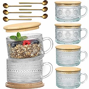 6 Set 14oz Vintage Glass Coffee Mugs with Bamboo Lids and Spoon Clear Embossed Glassware with Handle Glass Coffee Tea Cups for Cappuccino Latte Cereal Yogurt Beverage (6PCS(3*sunflower 3*raindrops))