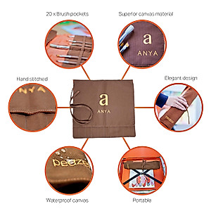 ANYA Artists Paint Brush Holder, 20 Slots Paint Brush Storage Canvas Roll up pouch for Acrylic Oil Watercolor, Dark brown PEDZEL (brushes not included)