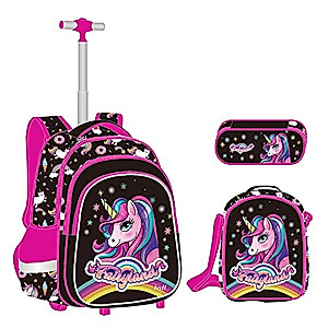 Unicorn Backpacks Trolley Bag Set for Girls, Primary School Bag Wheeled Backpack with Lunch Bag Pencil case Ideal for 1-6 Grade Students