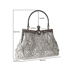 DA BODAN Women's Evening Bag Vintage Beaded Sequin Pearl Clutch Handbag Shoulder Bag Purses for Wedding Bridal Prom Party (Silver)