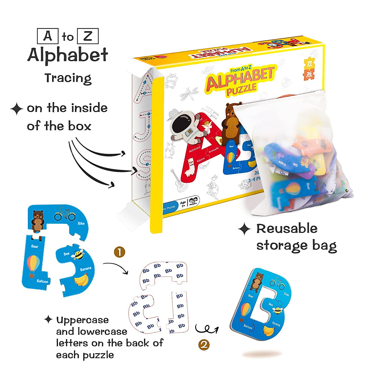 TAOZI&LIZHI Kids Puzzles Alphabet Puzzles for Kids Ages 3-5, ABC Learning for Toddlers 1-3, Sight Words Letter Puzzles Color Animals Montessori Toys Educational STEM for Preschool Boys Girls