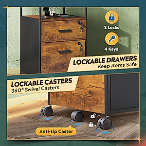 DEVAISE 2 Drawer File Cabinet, Mobile Printer Stand with Open Storage Shelf, Wood Filing Cabinet fits A4 or Letter Size for Home Office, Rustic Brown