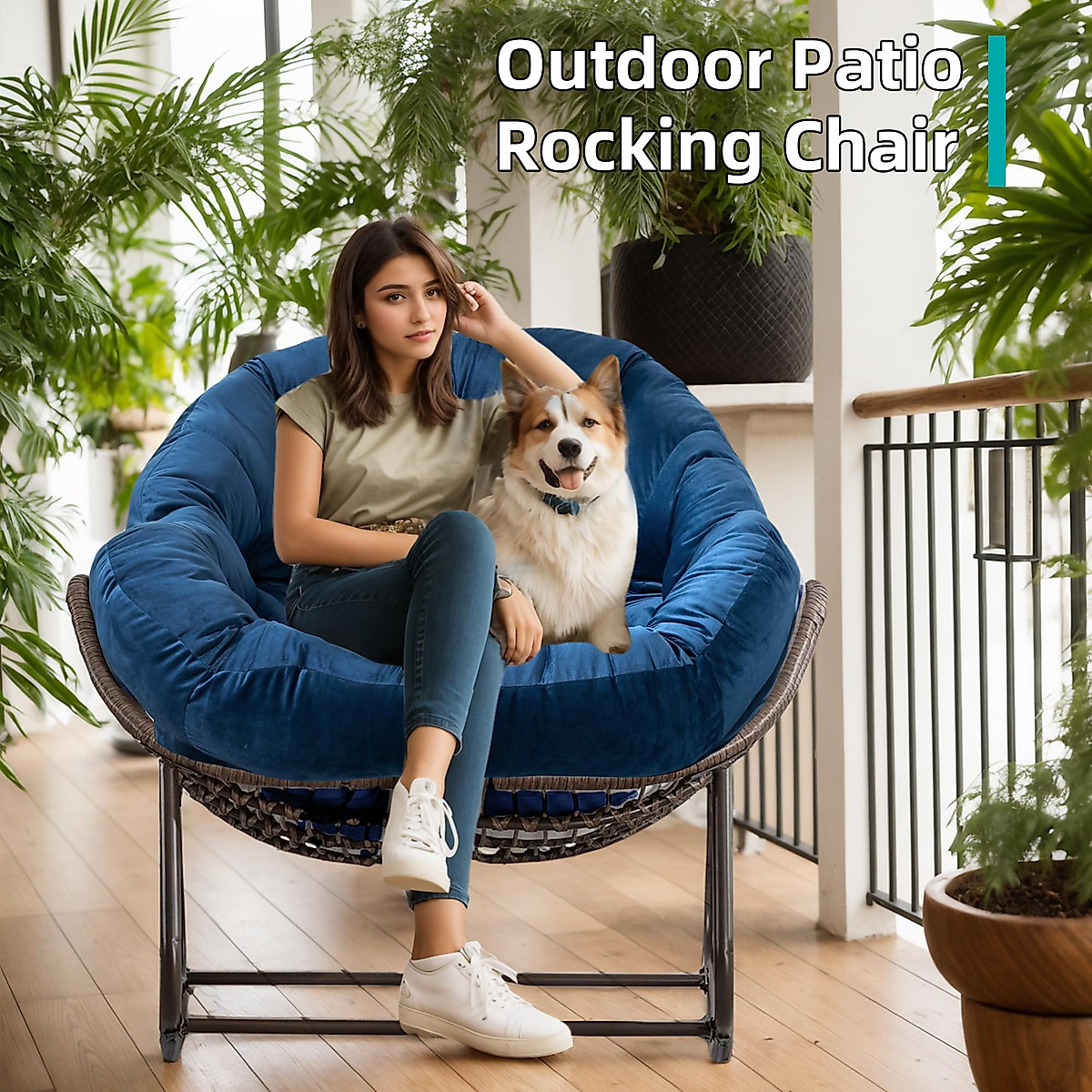 QQU Patio Rocking Chairs Set of 2，Indoor & Outdoor Wicker Rocker Chairs with Padded Cushion, All-Weather Rattan Chair with Steel Frame, Modern Lounge Egg Chair, Front Porch, Backyard,A-Navy