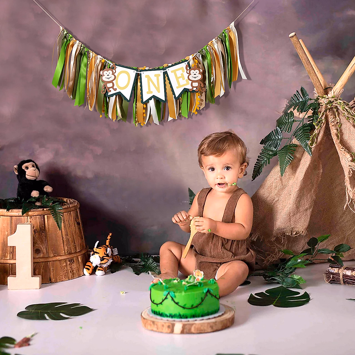 1 Year Old Birthday Banner,Baby Monkey First Birthday High Chair Banner, High Chair Banner 1 Year Old Birthday Boy, Safari Birthday High Chair Banner, Jungle Party First Birthday Chair Banner