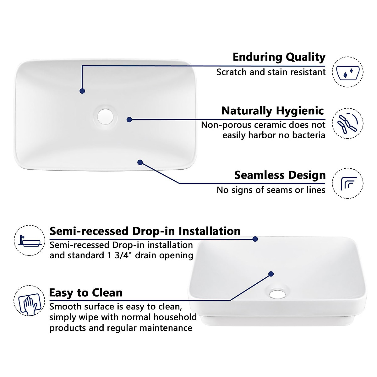 Bathroom Vessel Sink, DeerValley 19'' x 12'' Semi Recessed Bathroom Sink Rectangular White Ceramic Vessel Sinks for Bathroom Modern Bath Sink Bowl Vanity Sink Above Counter Basin DV-1V0047