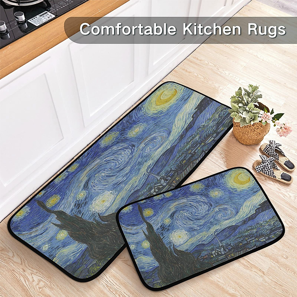 ALAZA Van Gogh Starry Sky Oil Painting 2 Piece Kitchen Rug Floor Mat Set Runner Rugs Non-Slip for Kitchen Laundry Office 20" x 28" + 20" x 48"