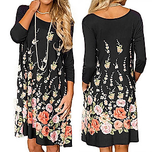 Shakumy Women Floral Print Long Sleeve Crew Neck T Shirts Dress Casual Loose Sundress Tunic Tops Dress Boho Mini Short Dress