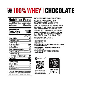 Muscle Milk 100% Whey Protein Powder, Chocolate, 5 Pound, 66 Servings, 25g Protein, 2g Sugar, Low in Fat, NSF Certified for Sport, Energizing Snack, Workout Recovery, Packaging May Vary