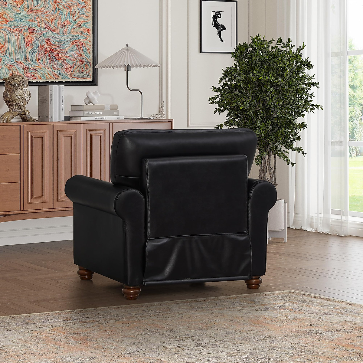 Moxoq Mid-Century Modern Faux Leather Living Room Sofa Set with Rivet Trim, Solid Wood Frame and Legs - Single, Double, Triple, 2+3 Seater, 1+2+3 Seater, 4 Color Options (Black, Single Sofa)