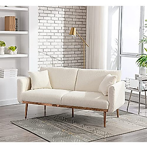 Antetek Futon Sofa Bed with 3 Adjustable Positions, Small Sleeper Sofa Loveseat with 2 Decorative Pillows, Modern Upholstered Convertible Couch with 5 Metal Tapered Legs, White Teddy