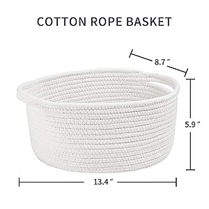 Cotton Rope Basket with Handles 13.4" x 8.7" X 5.9" Woven Cotton Rope Storage Baskets are Ideal for Toy Baskets Laundry Baskets Blanket Baskets and Nursery Baskets（White）