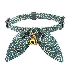 PetSoKoo Cute Bunny Ears Bowtie Cat Collar with Bell, Ancient Arabesque Print, Japan Lucky ’開三運’ Charm. Safety Breakaway, Soft, for Girl Boy Male Female Cats,Light Blue