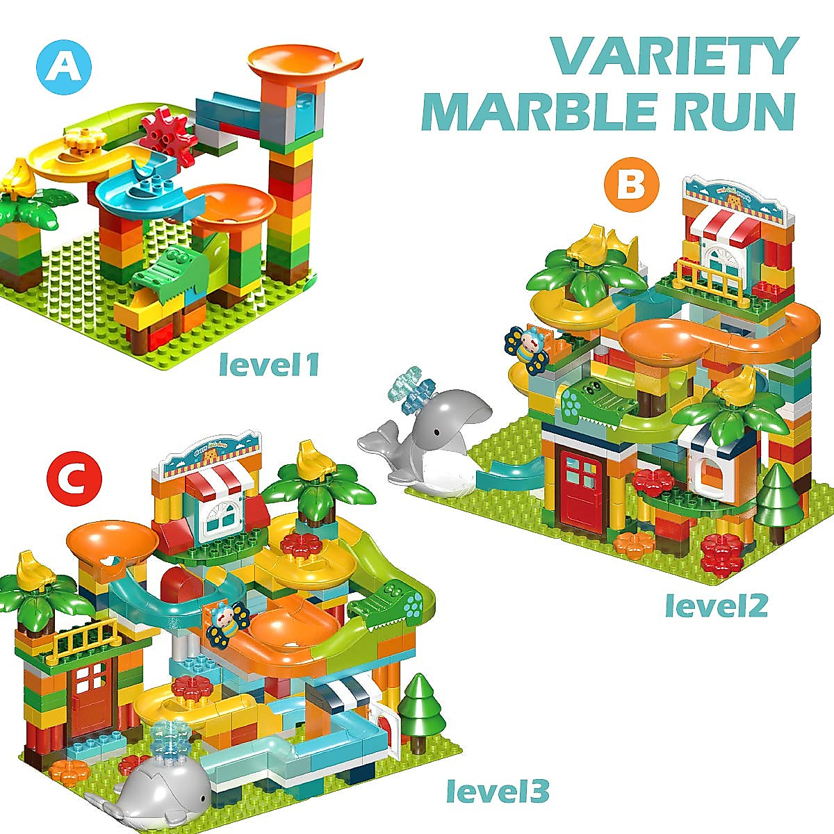 REMOKING Marble Run Building Blocks, 2 in 1 Compatible Blocks Models with 8 Marble Balls，Educational Race Track Building Block Set, Great Gifts for Kids 3 Years and up（259Pcs）