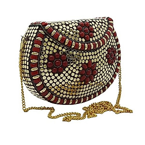 Trend Overseas Multicolor Acrylic Stone Golden metal Bead Clutch Girls Bridal Bag for women/Girl party clutch, Acrylic Red