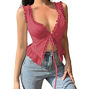 Remidoo Women's Sexy Tie Front Top Lace Trim Tank Open Front Crop Top Going Out Sleeveless Shirt Hot Pink X-Large