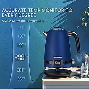 GREECHO Electric Kettle Temperature Control, 1.7L Electric Tea Kettle with LED Display & 7 Heat Settings , 304 Stainless Steel Hot Water Kettle Electric with 1100W Overheat & Boil-dry Protection, Blue